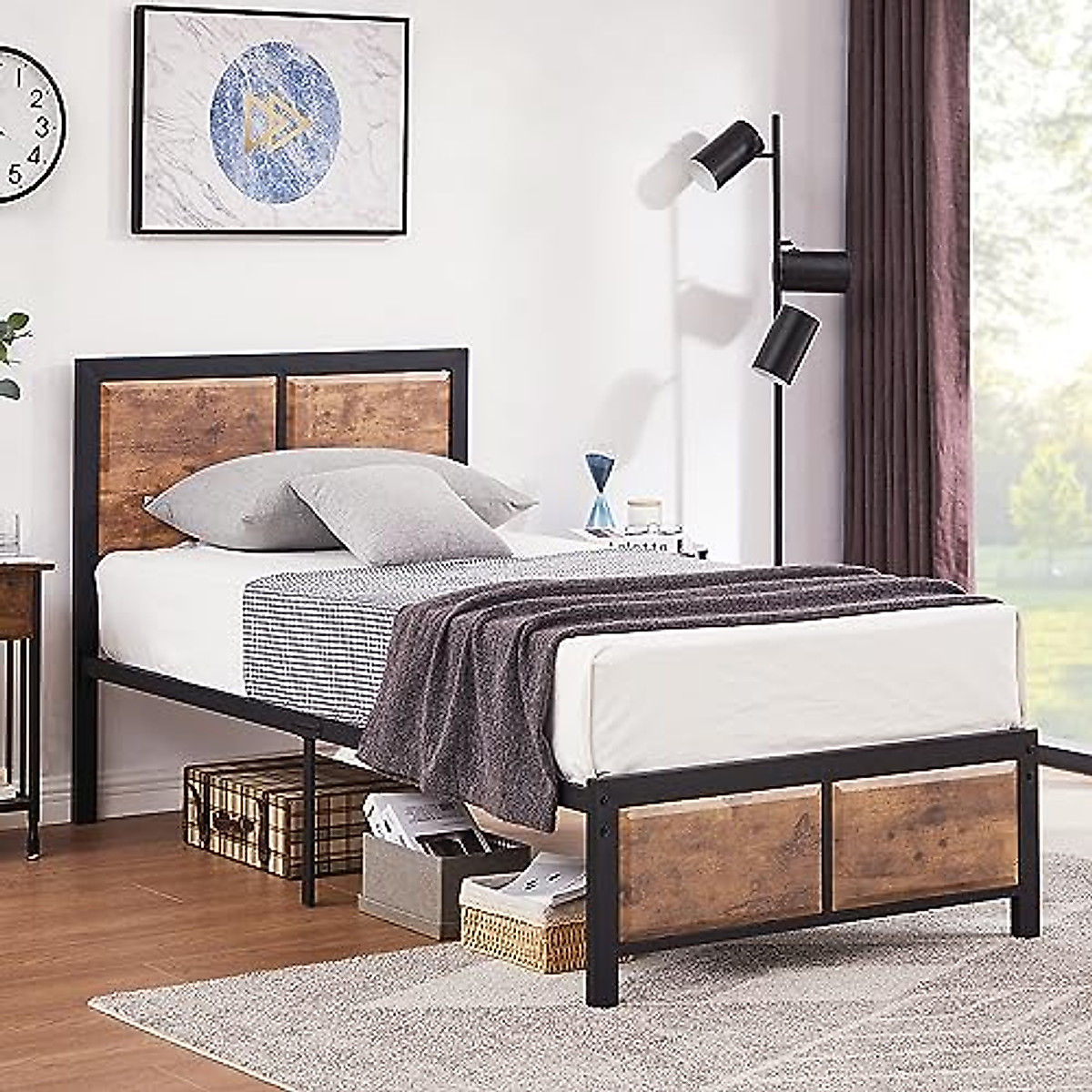 VECELO Twin Platform Bed Frame with Rustic Vintage Wood Headboard, Mattress Foundation, Strong Metal Slats Support, No Box Spring Needed