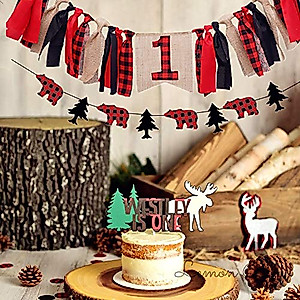 JeVenis Set of 2 Lumberjack Theme Banner Garland Party Supplies Lumberjack Highchair Banner Timber Buffalo Plaid Baby Boy First Birthday Party Photo Backdrop for Kid Birthday Baby Shower Party