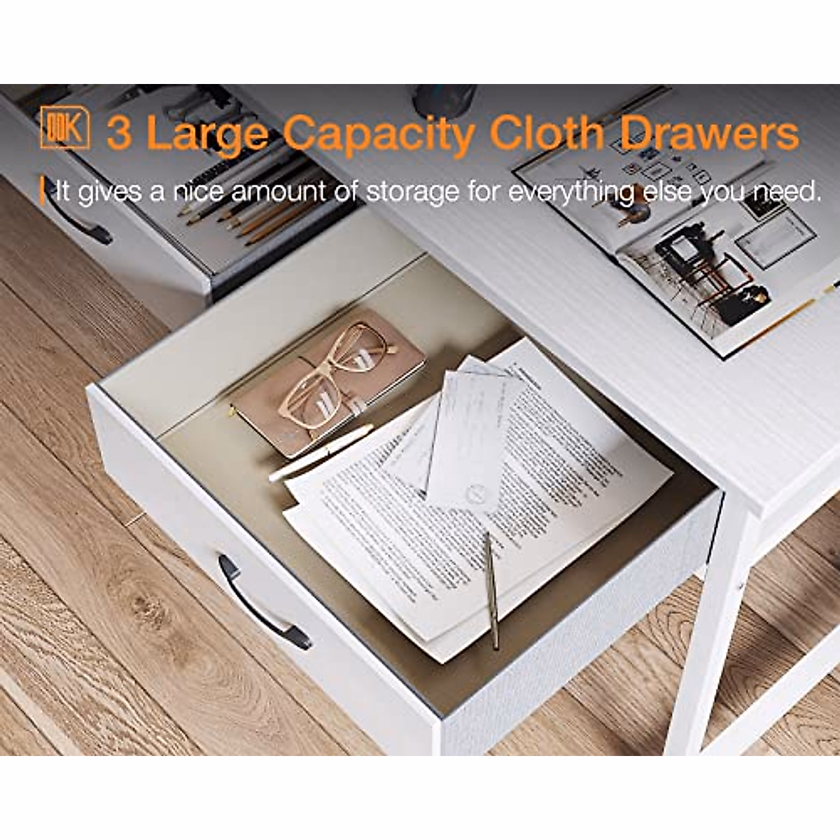 ODK 40 Inch Small Computer Desk with 3 Cloth Drawers for Home Office, Vanity Desk with Storage and Hook for Bedroom, Work Desk, Study Writing Table, White