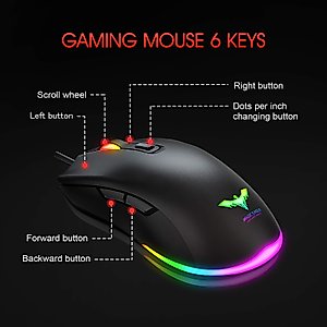 Havit RGB Gaming Mouse Wired PC Gaming Mice with 7 Color Backlight, 6 Buttons, Up to 6400 D P I Computer USB Mouses for Desktop Laptop Gamer & Work (Renewed)