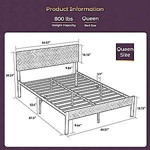 ANITA Queen Size Bed Frame with Wood Headboard, High Profile Platform Bed Frame 12.4 inch Storage Underneath / Metal Slat Support / Rustic Boho Style