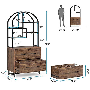 Tribesigns 4-Tier Bookshelf with 2 Drawers, Industrial Open Book Shelf Arched Bookcase, 70.8" Tall Storage Shelves Display Rack with LED Light and Metal Frame for Living Room (1, Grey)