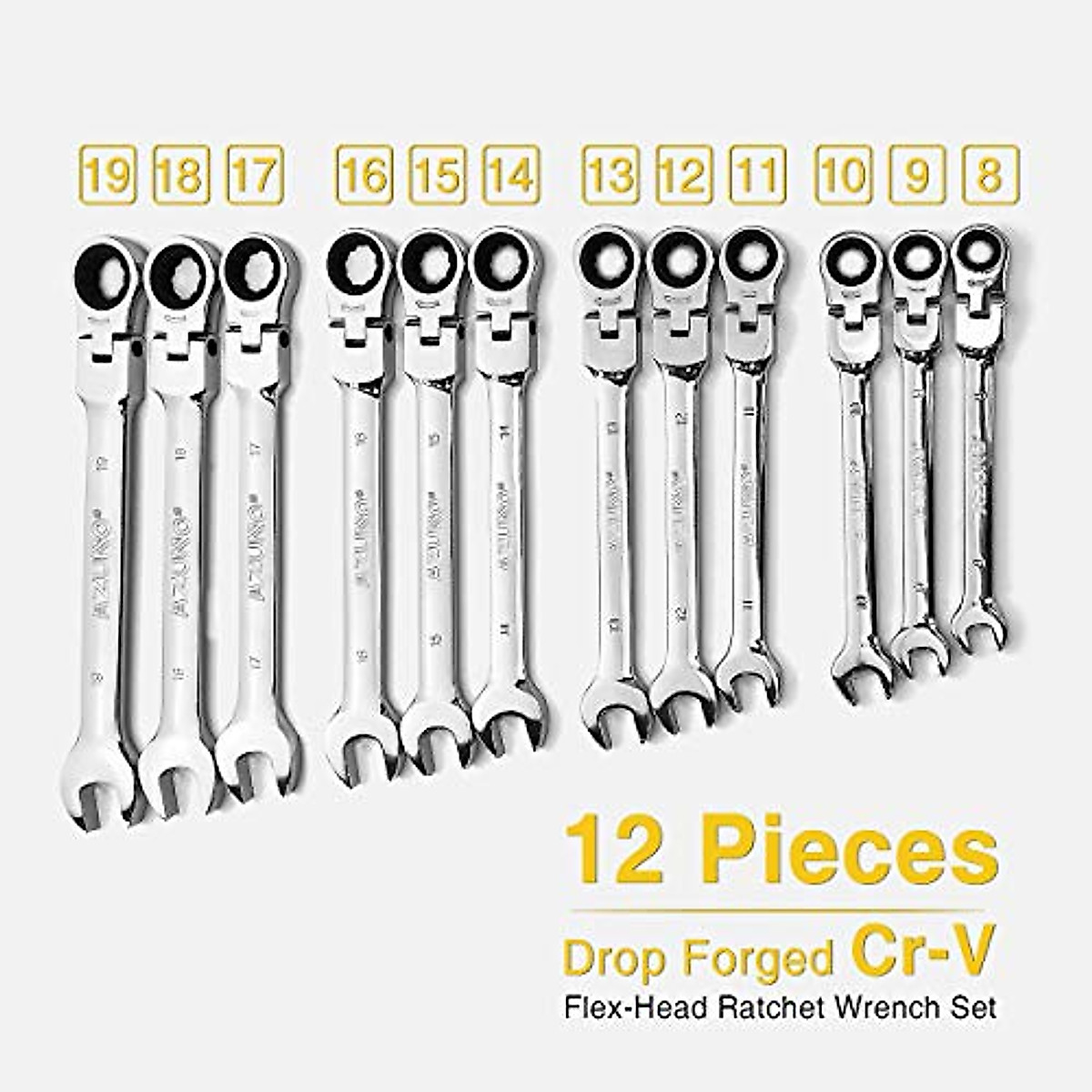 AZUNO 12-Piece Flex-head Ratcheting Wrench Set, Metric Ratchet Spanner Set 8-19mm, Chrome Vanadium Steel with Deluxe Case