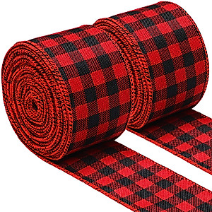 2 Rolls Wired Edge Ribbons Buffalo Plaid Burlap Ribbon Farmhouse DIY Gift Wrapping Crafts for Christmas Bow Wreath Tree Decoration (Red Black Plaid, 2.5 Inch Wide, 39.3 Feet)