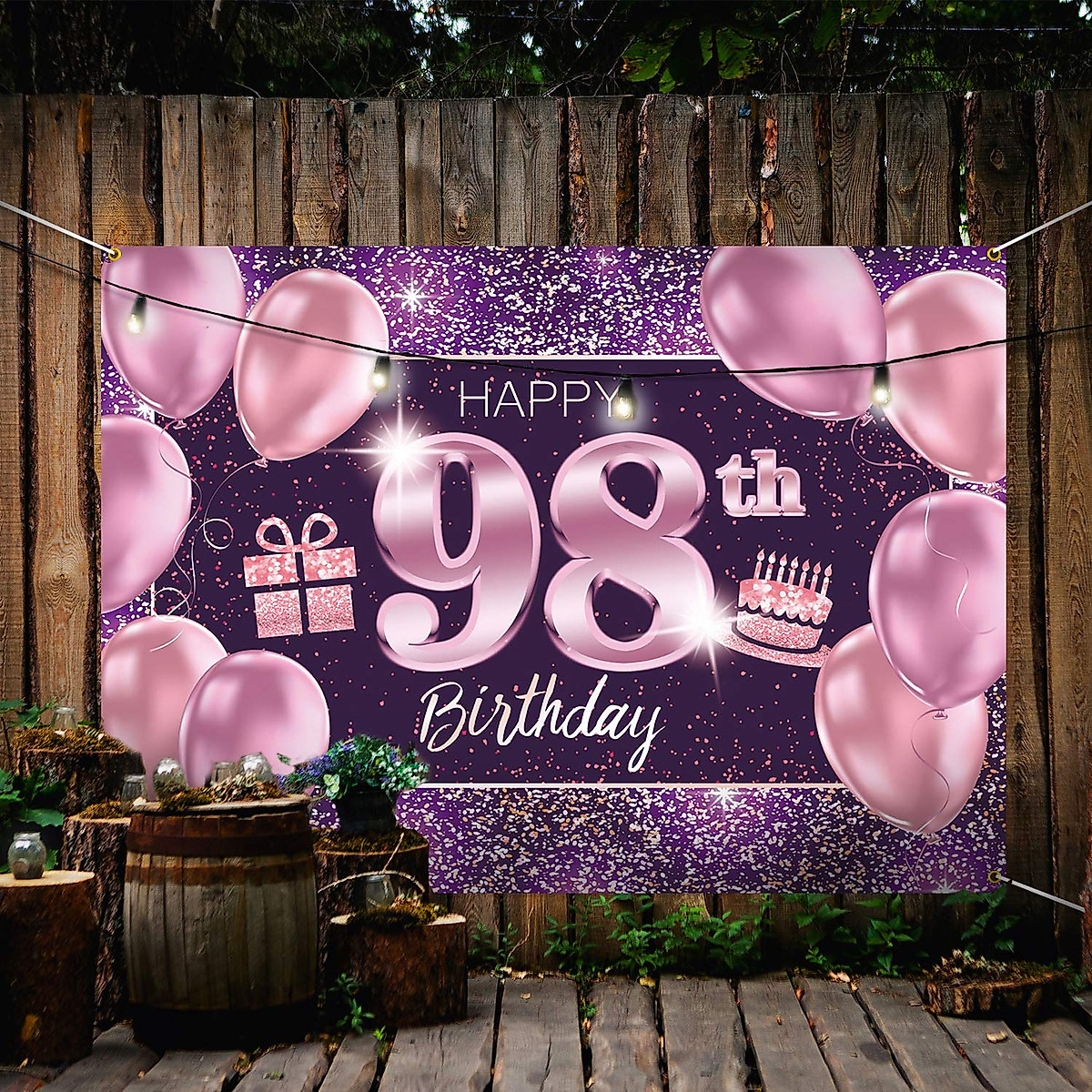 PAKBOOM Happy 98th Birthday Banner Backdrop - 98 Birthday Party Decorations Supplies for Women - Pink Purple Gold 4 x 6ft