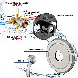 FROPO Tub Shower Faucet Set with Valve, 6-Inch Shower Head and Handle Set Brushed Nickel, Single-Handle Tub and Shower Trim Kit with Touch-Clean Rain Shower Head and Tub Spout