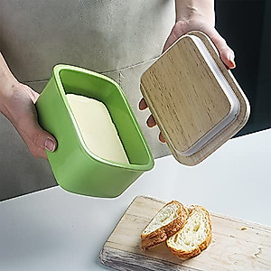 SWEEJAR Porcelain Butter Dish with Lid, Airtight Large Butter Keeper with Wooden Lid, Butter Container Perfect for 2 Sticks of Butter West or East Coast Butter(Green)