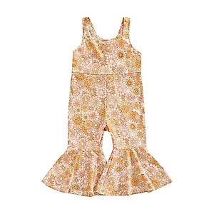 Emmababy Baby Girl Bell Bottoms Romper Toddler Floral Overalls Suspender Flare Pants Sleeveless Strap Jumpsuit Fall Clothes(Beige,12-18 Months)