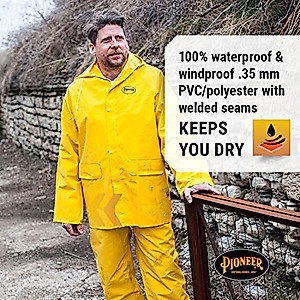 Pioneer Repel Rain Gear Safety Jacket & Bib Pants -Waterproof & Windproof PVC Work Suit for Men - 3 PC with Detachable Hood