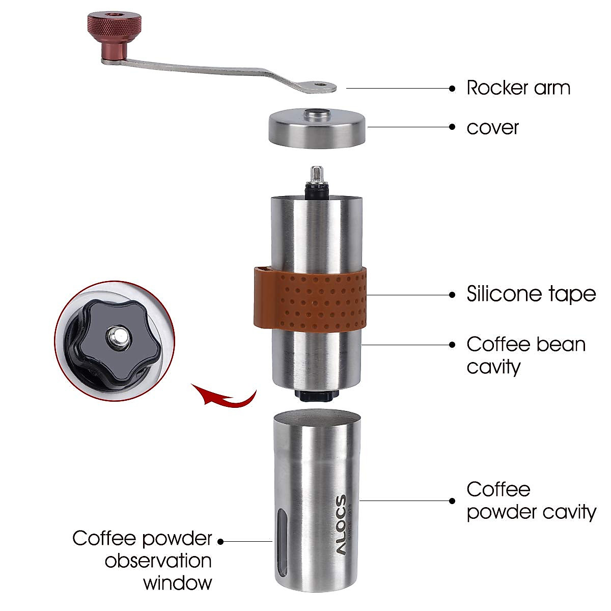 ALOCS Manual Coffee Grinder, Stainless Steel Coffee Bean Grinder, Adjustable Ceramic Conical Burr Coffee Grinder, Portable Coffee Grinders for Home Use, Office, Travel and Camping