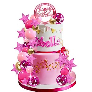 Hot Pink Girl Cake Toppers with Pink Gold Balls Mirror Ball Doll Cake Toppers for Wedding Baby Shower Anniversary Girl Birthday Themed Party Supplies (Style 2)
