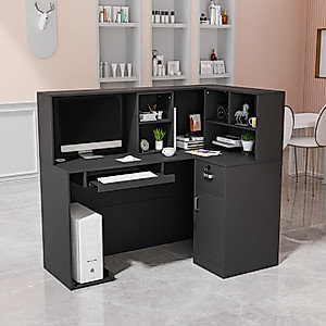 LEADZM L-Shaped Reception Desk with Counter, Front Desk with Lockable Drawers & Adjustable Shelf, Retail Checkout Counter for Beauty Salon Office, Black (55.9" W x 18.9" D x 48" H)