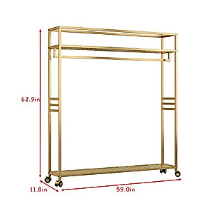TIEOU Fashion Modern Gold Clothing Rack, Clothes Rack Heavy Duty, Clothing Racks for Hanging Clothes, Clothing Rack with Shelves, Wardrobe Closet Clothes Hanger Rack, Industrial Clothing Rack, Gold