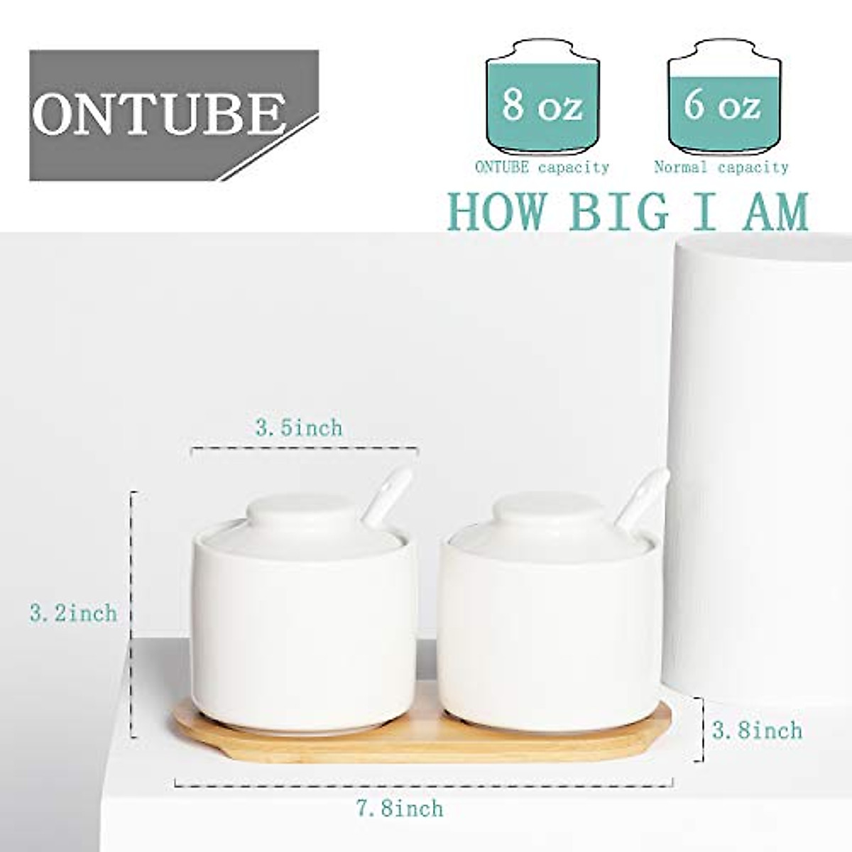 ONTUBE Ceramic Sugar Bowl with Lid and Spoon Set of 2,Porcelain Seasoning Box Salt Bowl with Tray,8oz (White)