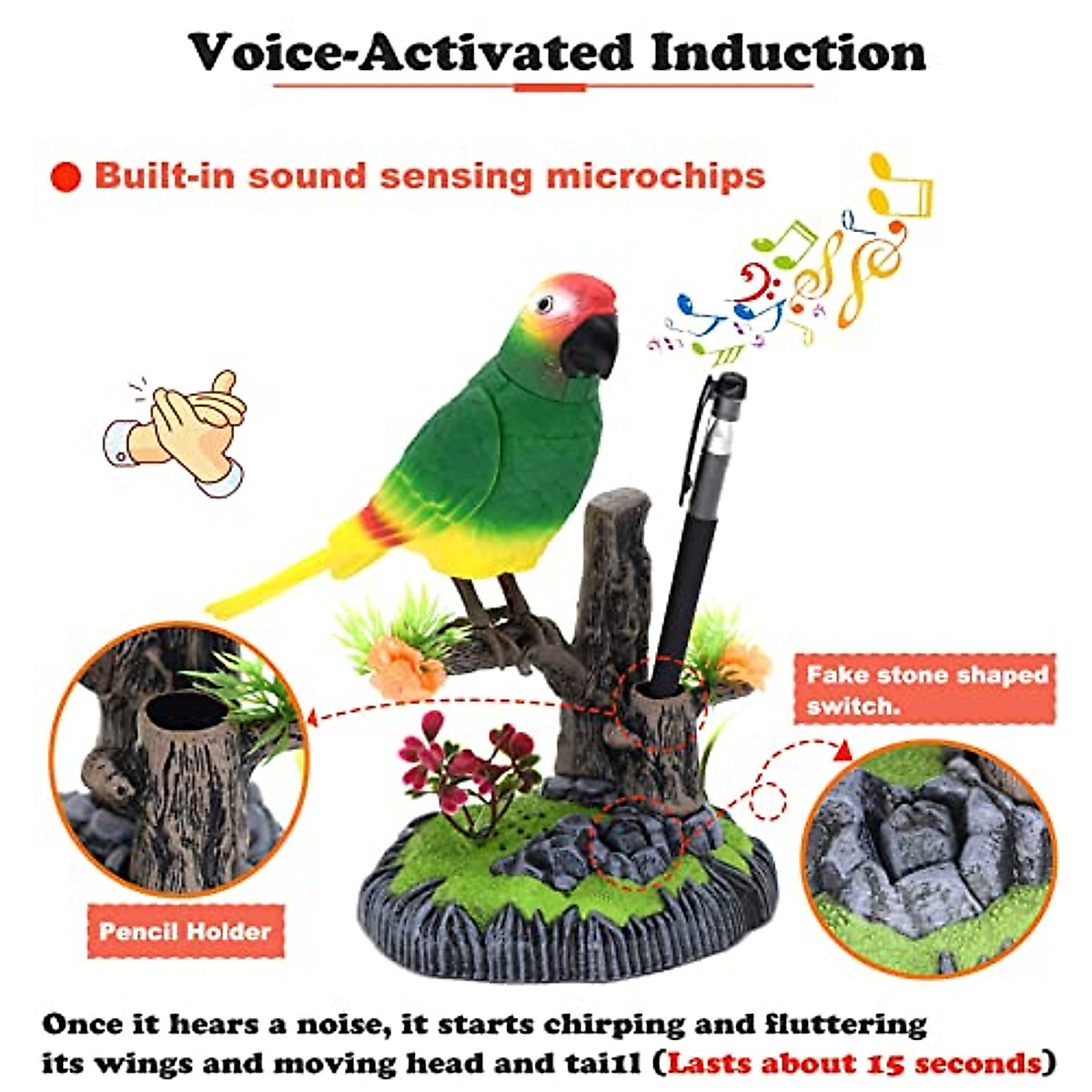 Voice-Activated Induction Birds Toy, Chirping Fluttering Simulation Parrot Birds Toys Office Desktop Home Decor Ornament Gifts for Kids Children (Green)