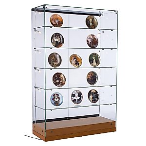 Displays2go Glass Curio Cabinetry for Retail Stores, LED Side Lighting, Tempered Glass Shelves, MDF Base – Cherry Wood Finish (GTEC48LEDC)