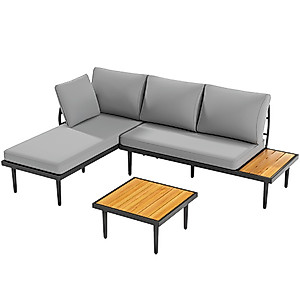 Devoko Outdoor Sectional Furniture Patio Sectional Sofa with Acacia Wood Table, Patio L-Shaped Conversation Set with All-Weather Cushion for Patio,Garden,Backyard(Gray)