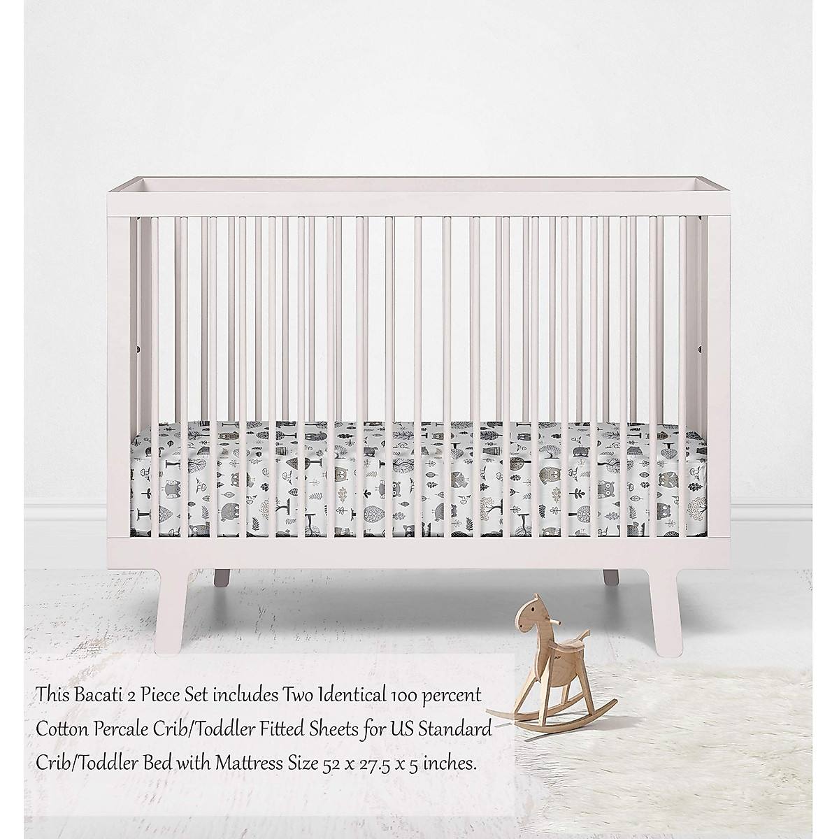 Bacati - 2 Pack Woodlands Bears Bison Owls Printed Neutral 100% Cotton Universal Baby US Standard Crib or Toddler Bed Fitted Sheets (Beige/Grey)