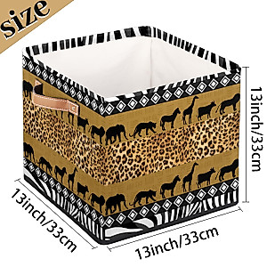 Mardesigns Leopard Print Animal 13 x 13 x 13 Inch Cube Storage Bins Bohemian Fabric Foldable Storage Cubes Basket Boxes with PU Handles for Shelves Closet Bedroom Organizer Clothes
