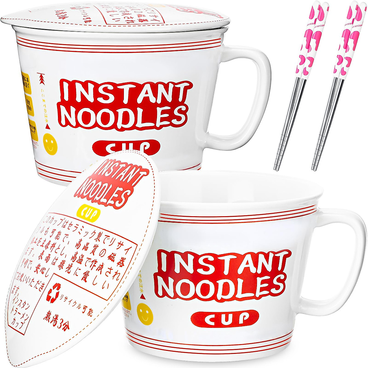 Norme 2 Sets Ramen Bowl Set with Chopsticks 34 oz Instant Ramen Noodle Bowls with Lid Cute Soup Mug Instant Noodles Cup Large Japanese Soup Bowls with Handle for Kitchen