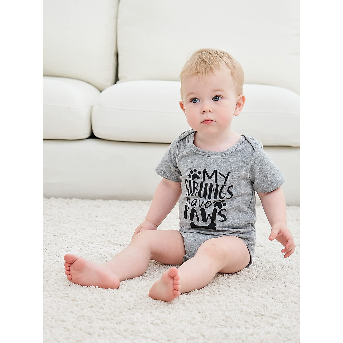 Funnycokid Infant Romper Jumpsuit Clothes My Siblings Have Paws Short Sleeve Bodysuits Cotton, Grey, 70/0-3 Months