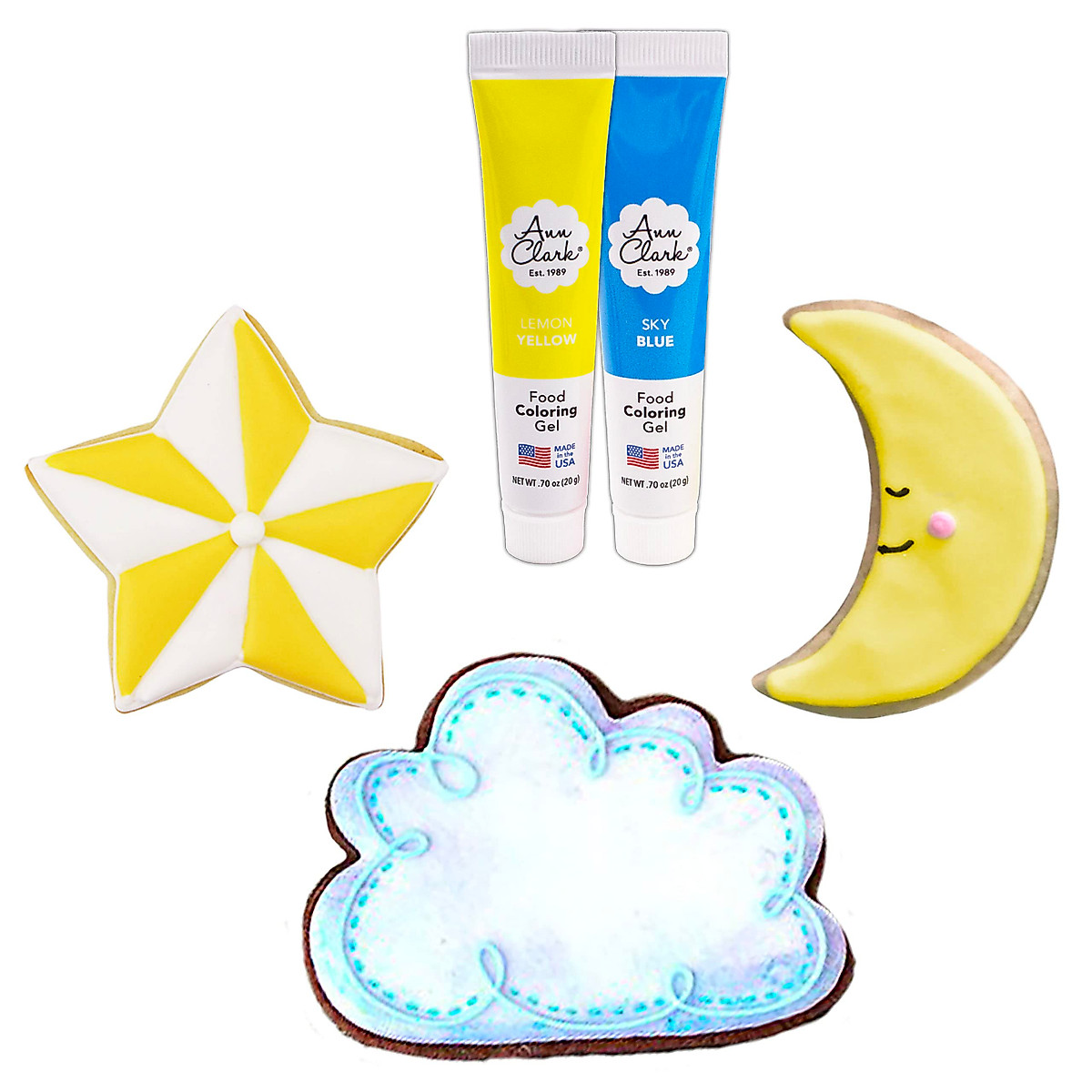 Celestial Cookie Decorating 5-Pc. Set Made in USA by Ann Clark, Star, Cloud, Crescent Moon, Yellow & Sky Blue Food Coloring Gel