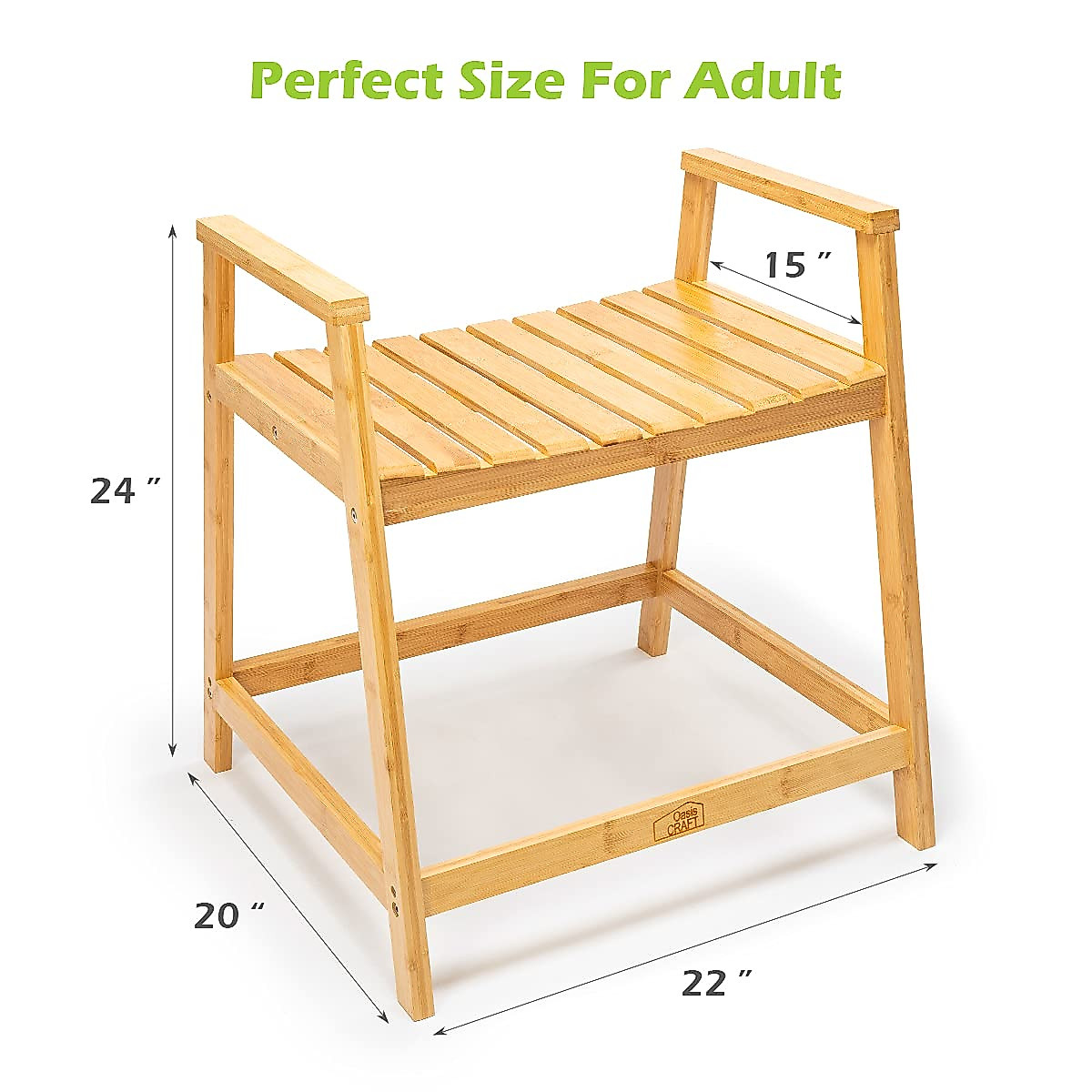 OasisCraft Bamboo Shower Bench, 22" Shower Chair with Free Soap Dish, Waterproof Wood Spa Bath Seat with Arms Wooden Bathroom Stool Shower Seat for Indoor Outdoor