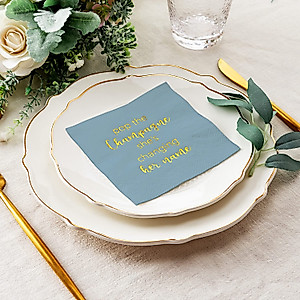 Crisky Dusty Blue Bridal Shower Cocktail Napkins Bachelorette Dessert Napkins Gold Foil Bachelorette Bridal Shower Engagement Party Decoration Party Supplies [ 50 Count 3-ply]