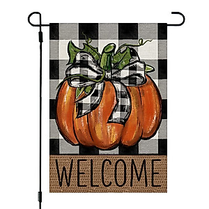 CROWNED BEAUTY Fall Pumpkin Garden Flag 12x18 Inch Double Sided for Outside Thanksgiving Burlap Buffalo Plaid Welcome Small Seasonal Yard Decoration (Orange)