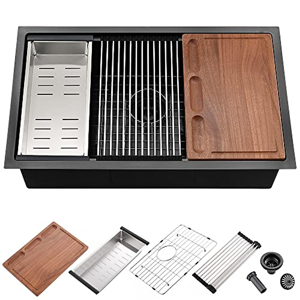 28 Black Undermount Kitchen Sink - iAnomla 28 Inch Black Stainless Steel Undermount Workstation Sink 16 Gauge Deep Single Bowl Matte Black Kitchen Sink with Cutting Board