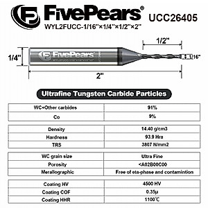 FivePears Up Cut Spiral Router Bit for CNC with Extreme Life Coated, 1/16" Cutting Diameter, 1/2" Cutting Length, 1/4 inch Shank Carbide End Mill for Wood Carving Engraving Grinding Grooving