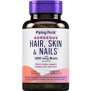 Piping Rock Hair Skin and Nails Vitamins | 120 Caplet Pills | 3000 mcg of Biotin | with Collagen | Multivitamin | Non-GMO, Gluten Free Supplement