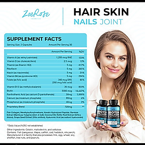 ZoeRose Biotin Collagen & Keratin Capsules - Hair, Skin and Nails Vitamins, Collagen Supplements for Hair Growth and Support Joints Mobility with Vitamin A,D, B6 and B12 - Made in USA - 60 Capsules