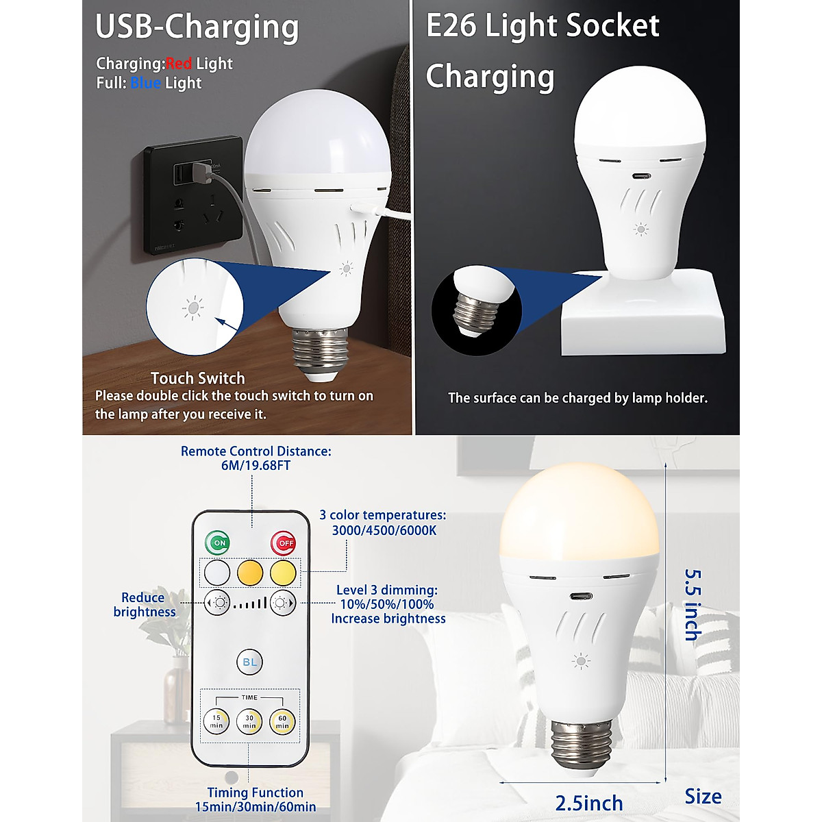 Bailoch 2 Pack Magic Rechargeable Light Bulbs with Remote, 3 Color Temperatures Dimmable Battery Operated Light Bulb, E26 Wireless Emergency Battery Powered light bulb, 2600mah,Timer, USB Rechargeable