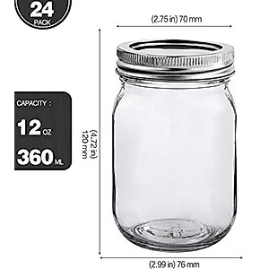 KAMOTA Mason Jars 12 oz With Regular Lids and Bands, Ideal for Jam, Honey, Wedding Favors, Shower Favors, DIY Spice Jars, 24 PACK, 30 Labels Included