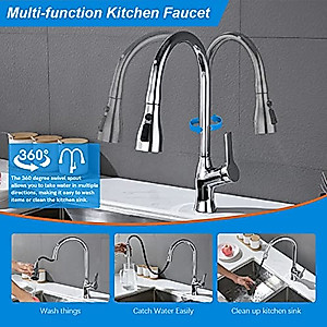 Fulgutonit Pull Out Kitchen Faucet, High Arc Single Handle Kitchen Sink Faucet with 3 Modes Pull Down Sprayer, Kitchen Sink Faucet for Bar Laundry RV Utility Sink, Chrome