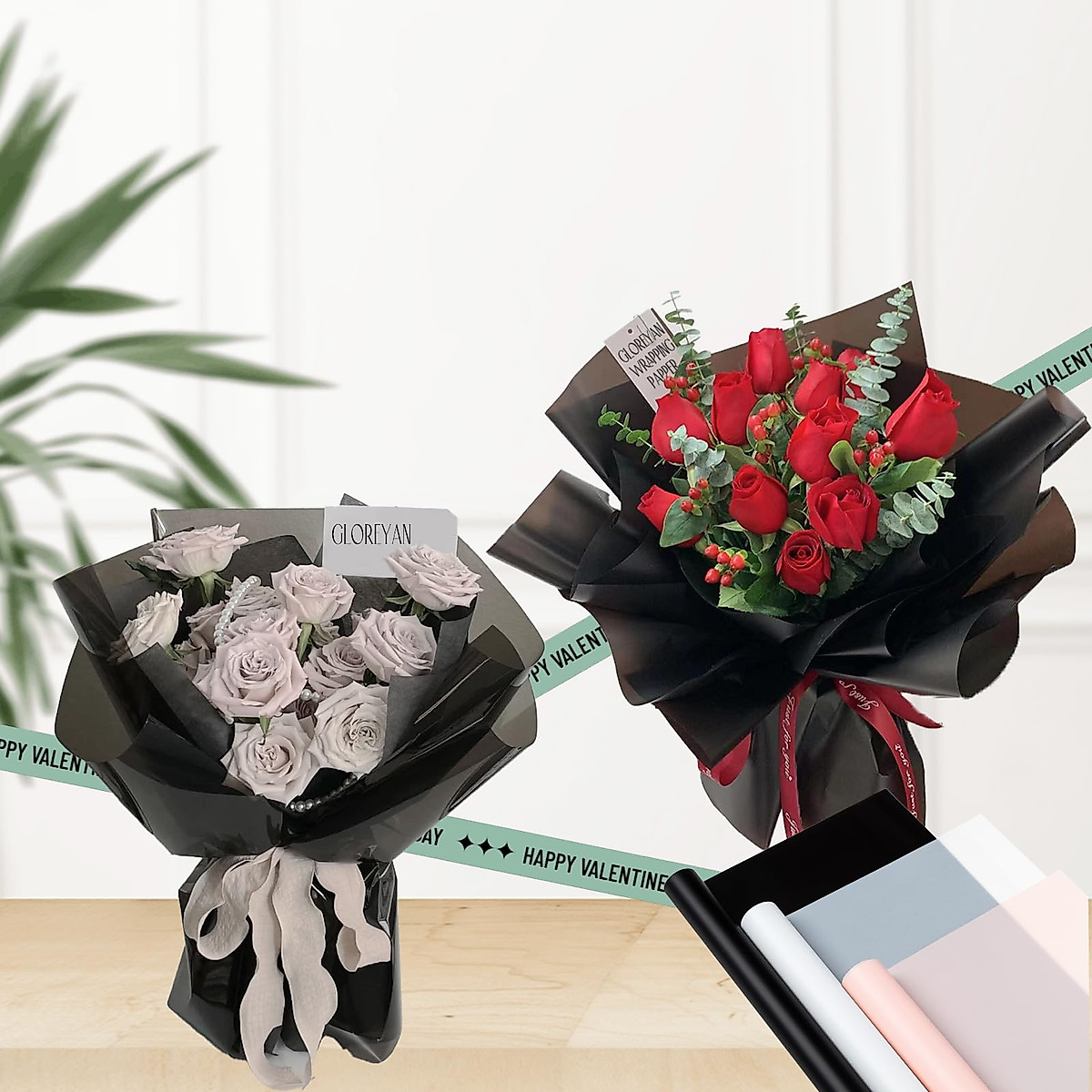 Gloreyan 20 Sheets Black Flower Wrapping Paper, Florist Bouquet DIY Craft Fresh Flower Bouquet Wrap Waterproof Floral Wrapping Gift Box Packaging Material Florist Supplies, 22.8 * 22.8 Inches(Black)