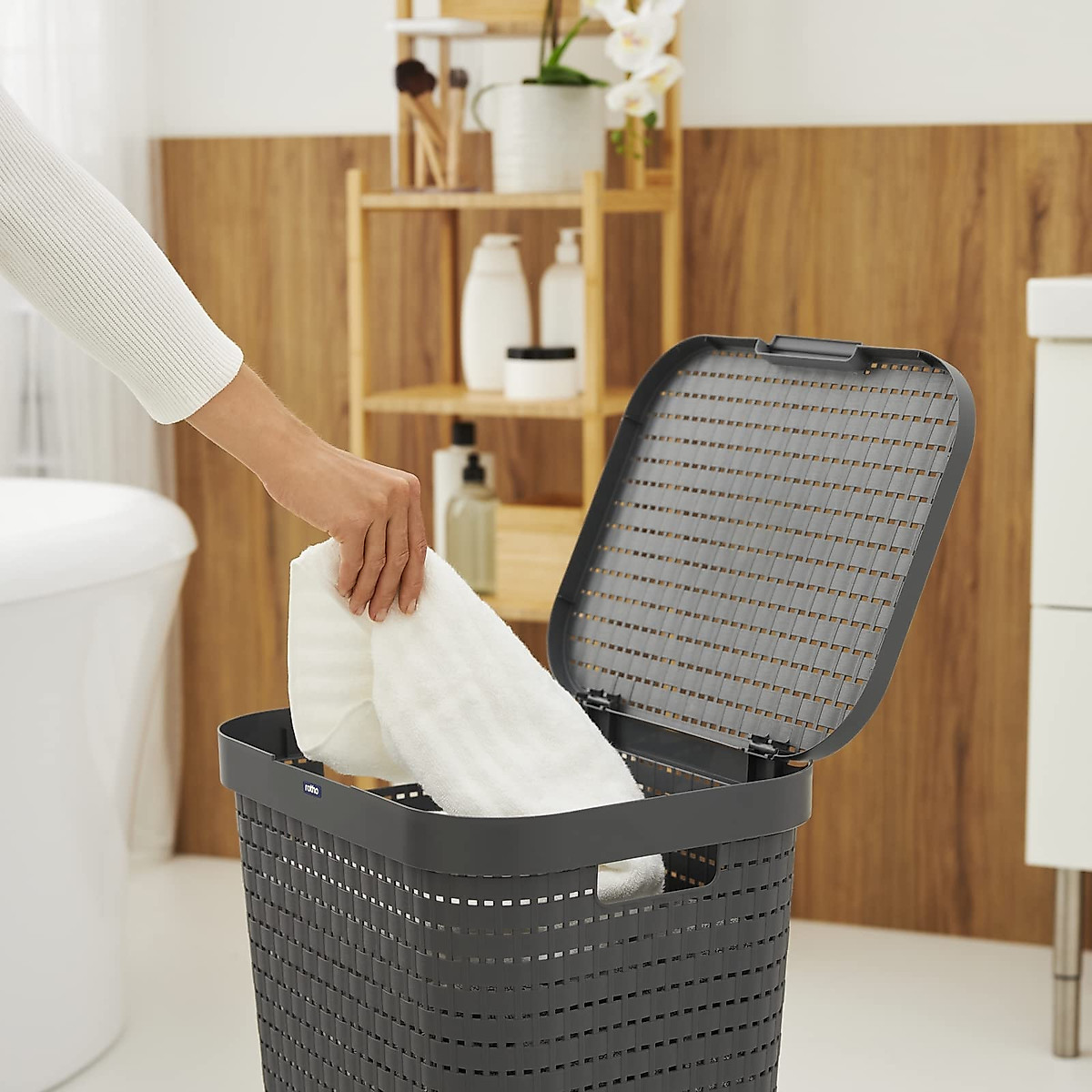 Rotho Country Laundry Basket lid in Rattan-Look, Plastic (PP) BPA-Free, Anthracite, 55l (42.0 x 32.2 x 57.7 cm), (42 x 32,2 x 57,7 cm)