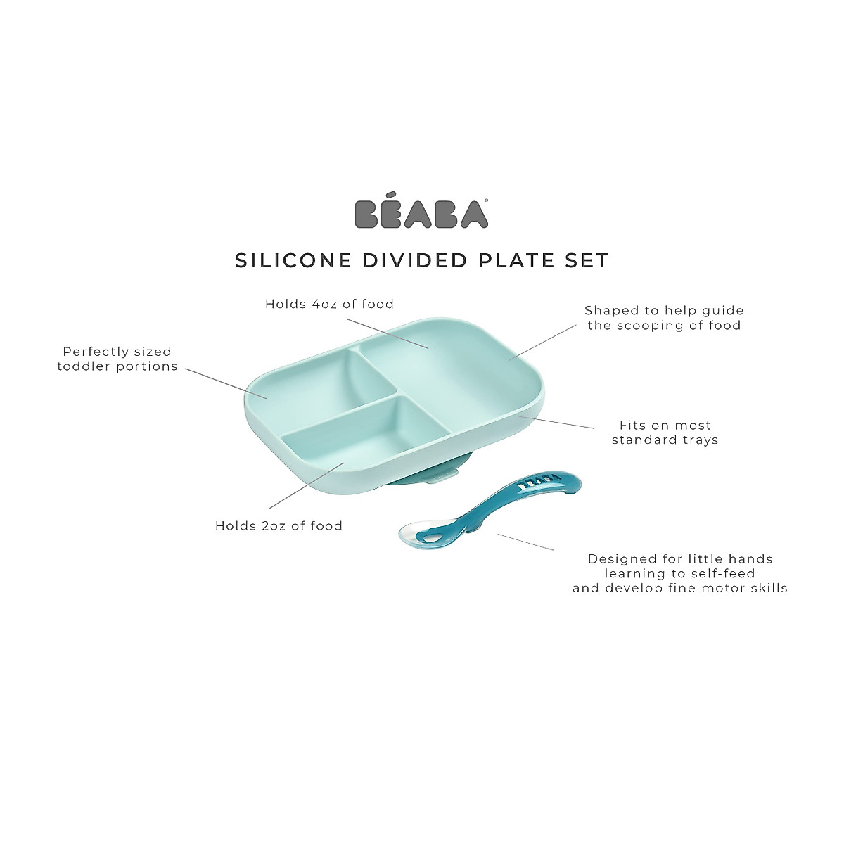 BEABA Silicone Suction Plates for Baby, Made with High Grade Food Safe Silicone, Soft Durable Toddler Dishes, Baby Plates with Suction Bottom, Rain