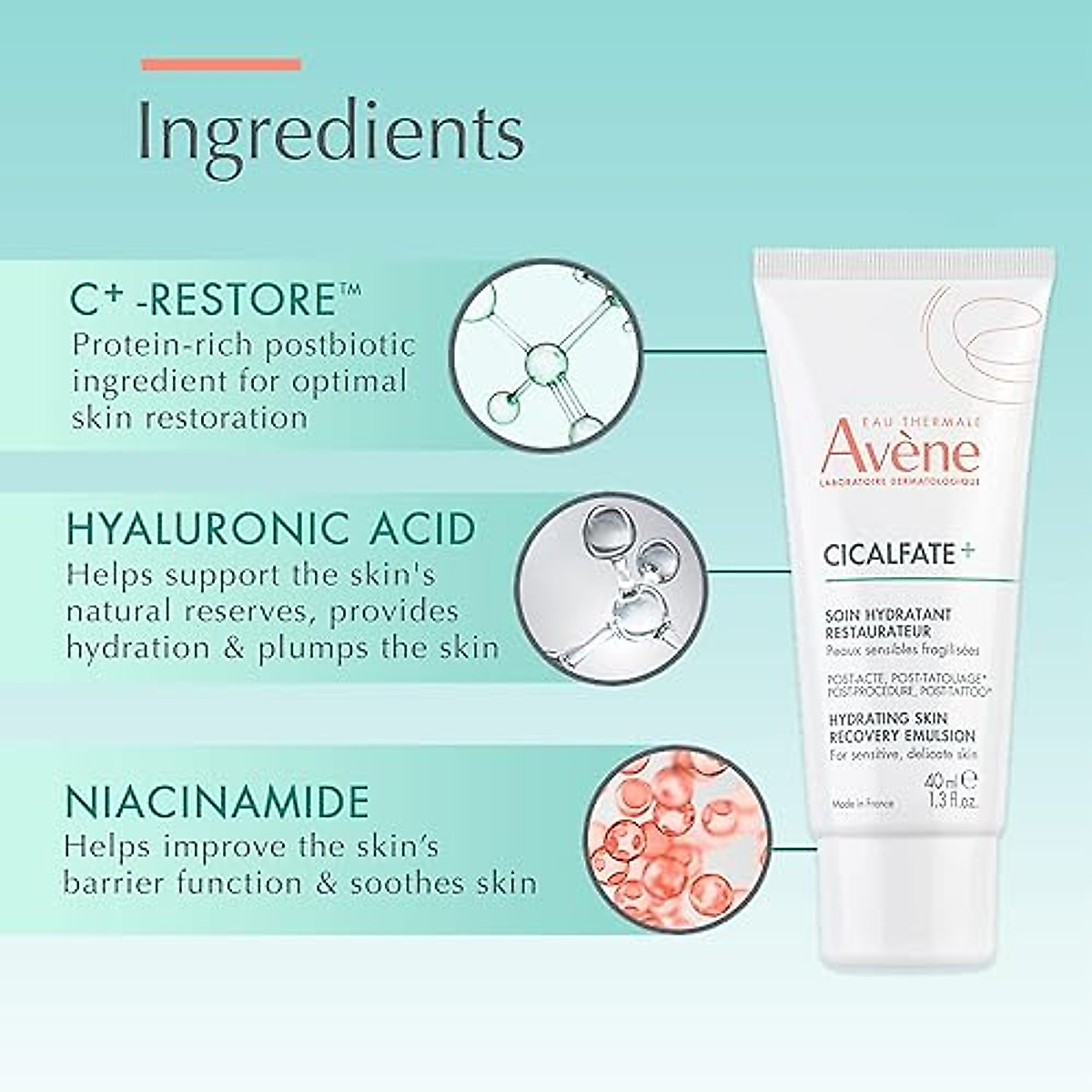 Eau Thermale Avène Cicalfate+ Hydrating Skin Recovery Emulsion - Post-Procedure & Post-Tattoo Restoration - Postbiotic Skincare - Non-Comedogenic & Paraben-Free - 1.3 fl. oz.