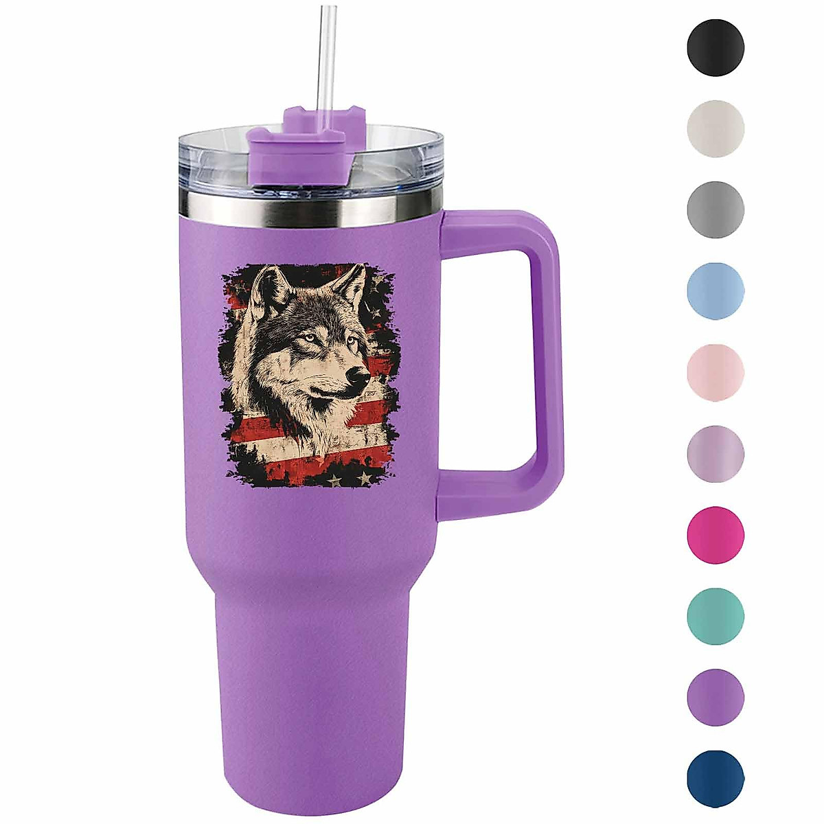 40 Oz Insulated Tumbler with Handle and Straw,Patriotic Wolf Stainless Steel Vacuum Insulated Travel Mug,Leak-proof Water Bottle Iced Coffee Cup,Vintage American Flag Animal