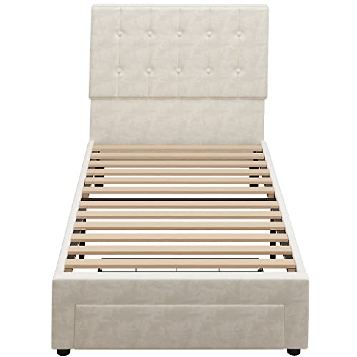 LIKIMIO Twin Bed Frame with XL Under-Bed Drawer, Velvet Upholstered Platform Bed Frame with Headboard, No Box Spring Needed/Noise-Free, Beige
