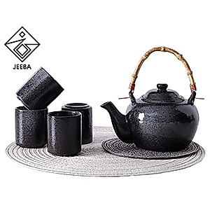 Japanese Asian Tea Set Ceramic Teapot with Strainer, Rattan Handle, 4 Tea Cups, Tea Scoop, Wooden Serving Tray and Instructions - Modern Teapot Set for Home and Office - Gift