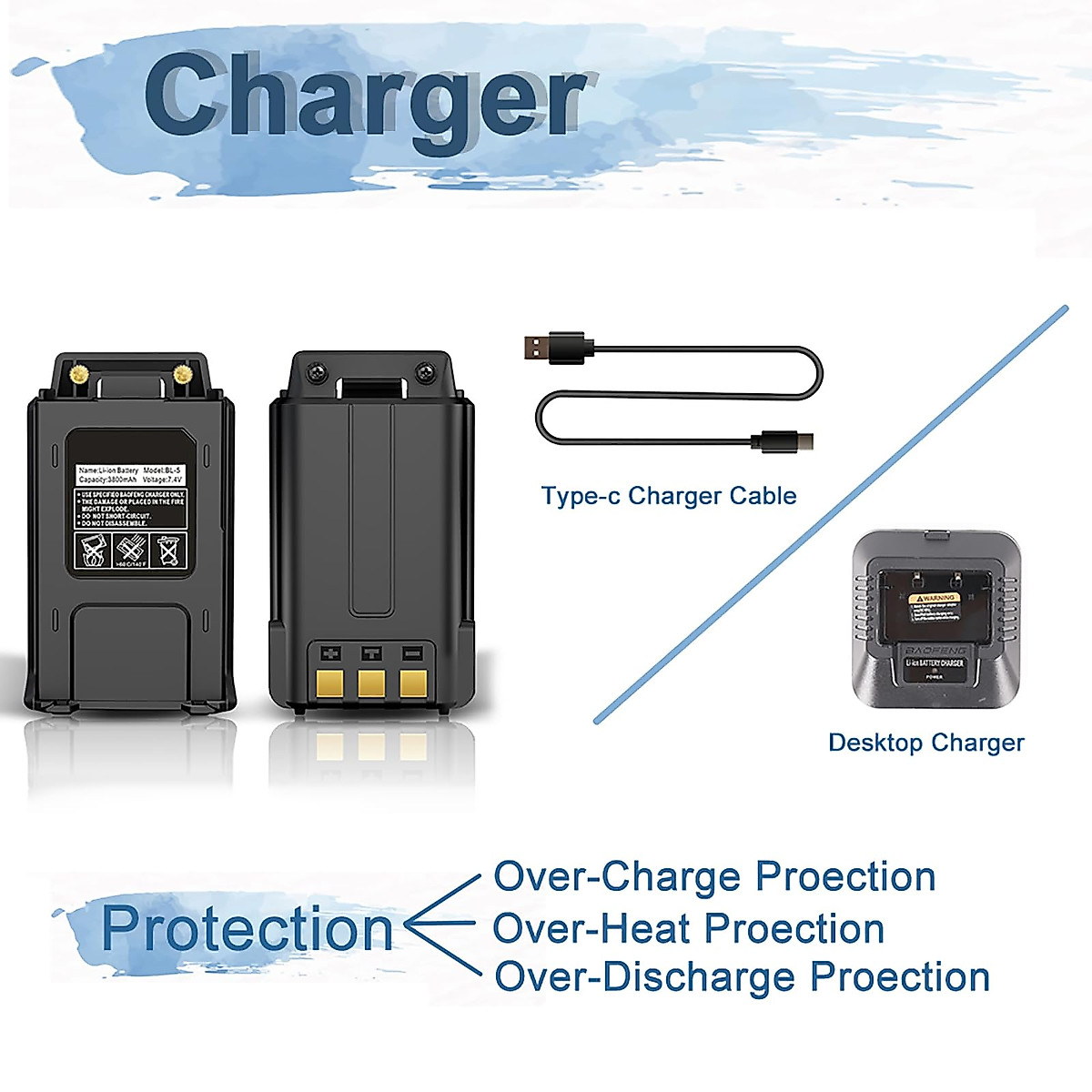 UV-5R Battery Enlarge Rechargable Type-c Charger 3800mAh BL-5 for Walikie Talkie BF-F8HP UV-5RE RD-5R UV-5RTP UV-5X3 USB-C Ham Radio Accessories (BL-5L BAOFENG Battery Series)