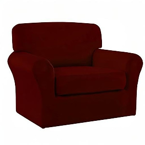 Easy-Going 2 Pieces Microfiber Stretch Chair Slipcover – Spandex Soft Fitted Sofa Couch Cover Washable Furniture Protector with Elastic Bottom Kids Pet Wine