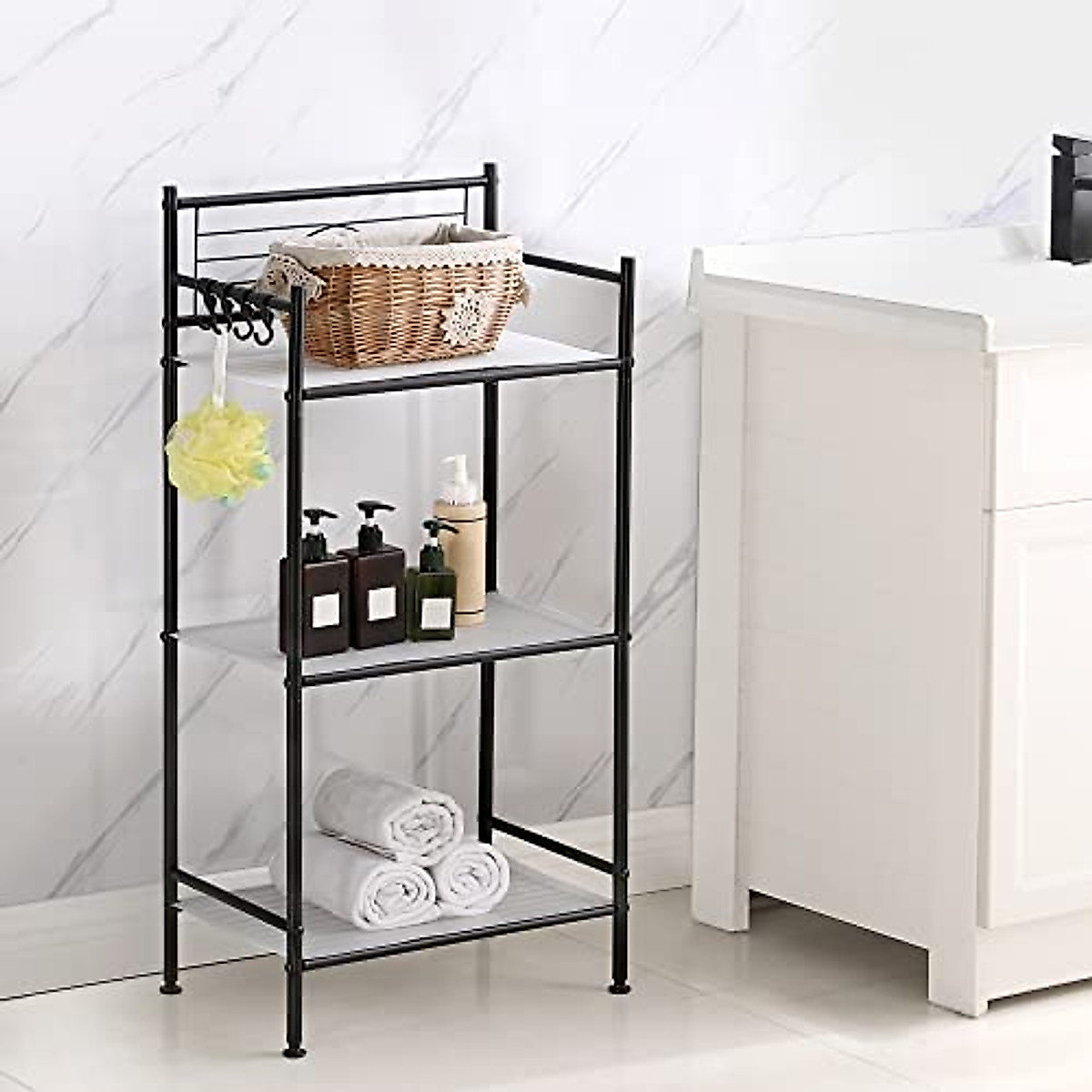 MallBoo 3-Tier Metal Freestanding Storage Shelf,Standing Bathroom Shelves with 3 x PP Shelf Liners and 4 x Hooks for Laundry Kitchen Office (Black)