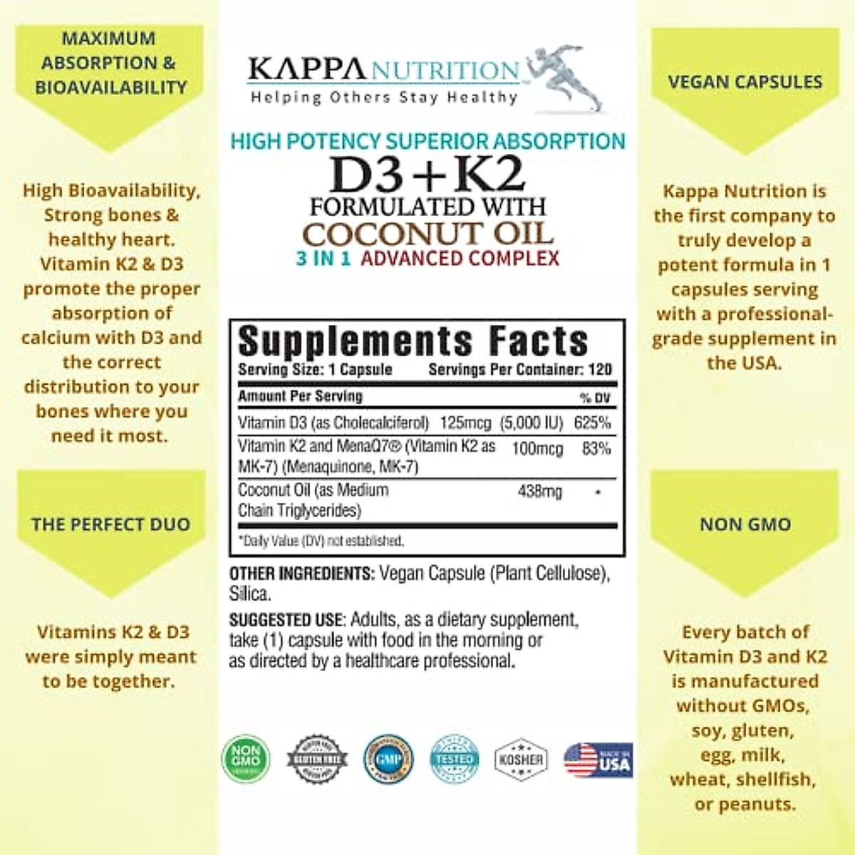 KAPPA NUTRITION Vitamin D3 + K2 Supplement with MCT Oil (Coconut Oil) (5000iu) Vitamin D with 100mcg Mk7 Vitamin K, Supports Calcium for Stronger Bones & Immune Health, 120 Vegan Capsules for Adults