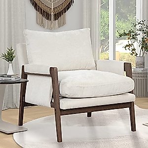 FIQHOME Mid Century Modern, Velvet Upholstered Accent Rubber Wood Frame,Comfy Reading Chair for Bedroom,Single Armchair for Living Room Office Apartment,White