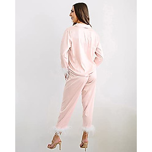 Belle's Design Women's Feather Trim Silk Satin Pajama Button Down Long Sleeve and Pants Set Sleepwear Loungewear S To XXL (Blush, Small)
