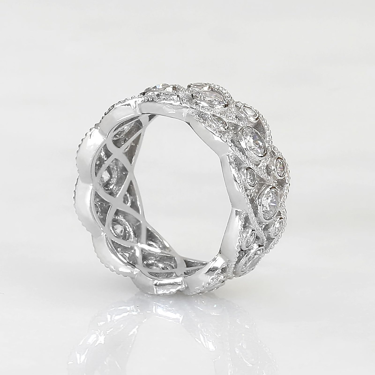 DoubleAccent Platinum Plated Sterling Silver Ring 1.75 CT CZ Stone Bezel Wedding Band Vintage Eternity Wide Band Ring, 8mm (Size 5 to 9), 7